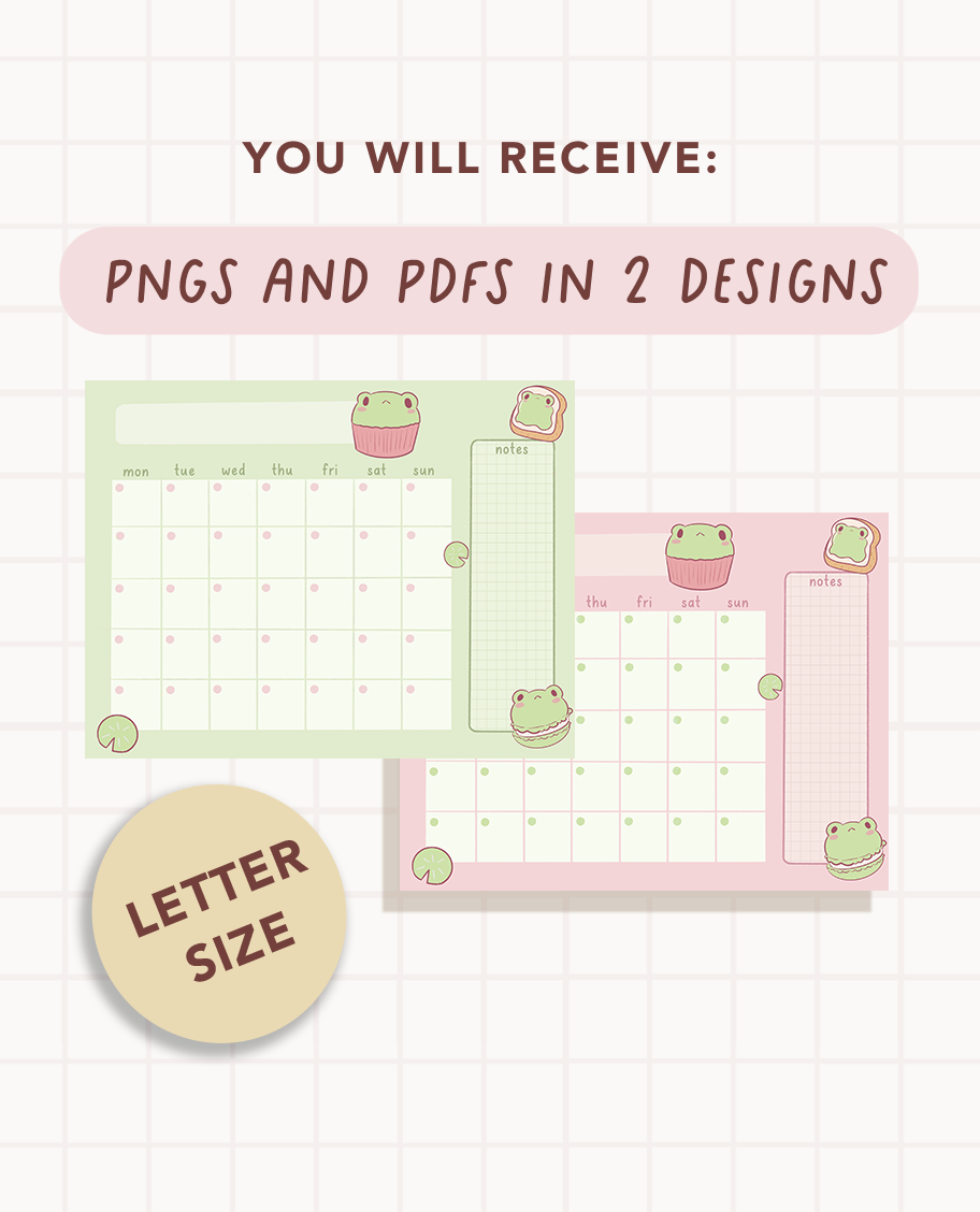 Printable Pink & Green Frog Monthly Open Calendar - NomNom Kawaii